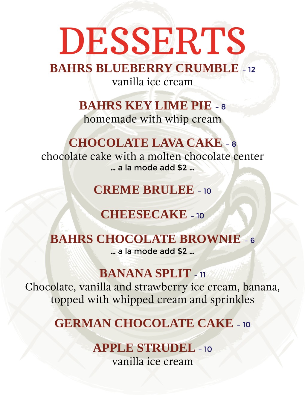 Dessert Menu - Bahrs Landing