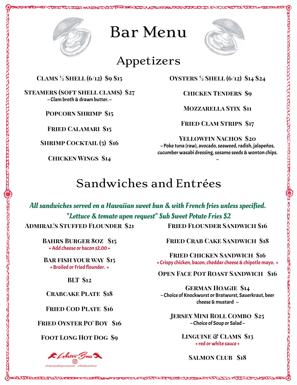 Bar Menu - Bahrs Landing