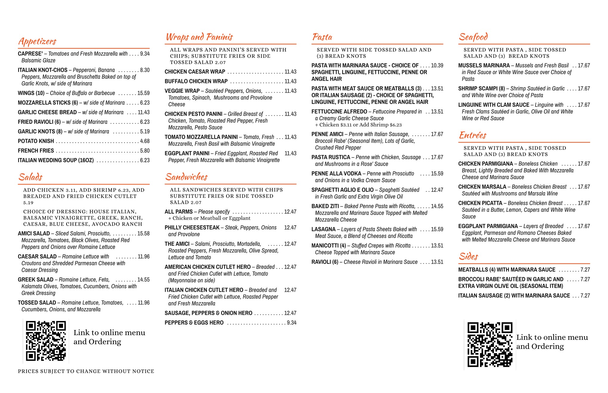 Menu – Amici's Pizza Pasta