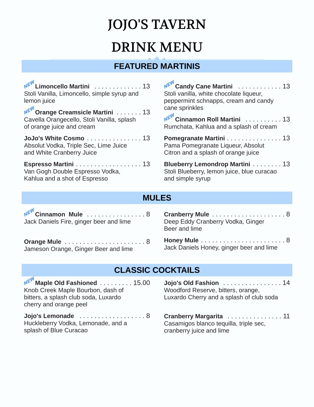 Menu - JoJo's Tavern